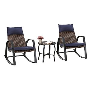 ARTLOFT 3 Piece Rocking Bistro Set Wicker Patio Outdoor Furniture Porch Chairs Conversation Sets with Coffee Table for Balcony, Garden, Backyard (Blue)