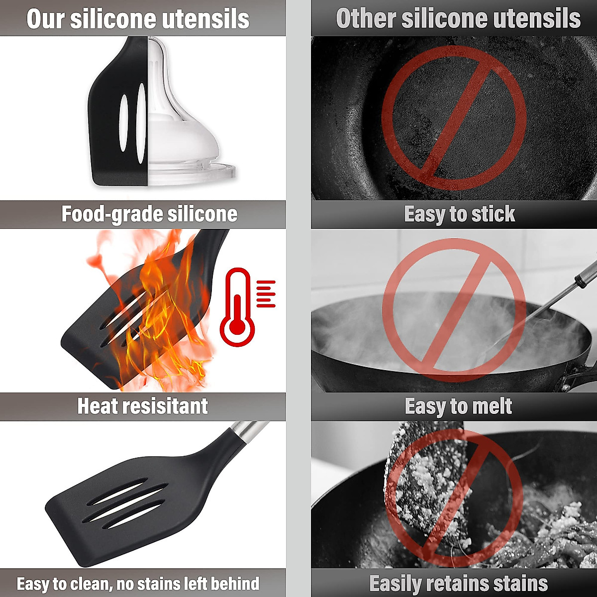 QMVESS Silicone Kitchen Utensil Set, 28 Pcs Non-Stick Cooking Utensils Set with Holder, Tongs, Spatula, Whisk, Measuring Cups and Spoons Set with Stainless Steel Handle Kitchen Gadgets (Black)