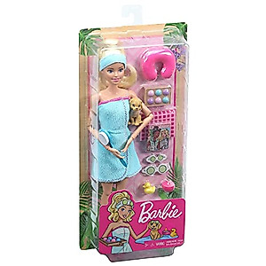 Barbie Spa Doll Toy Set with Puppy & 9 Accessories Including Neck Pillow, Rubber Duck & Cucumber Eye Masks, Blonde Doll