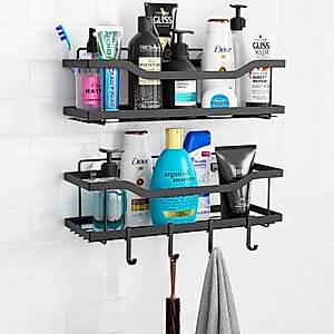 Helpful Home Shower Caddy, Adhesive Shower Shelf 2-Pack - Swift Draining, Rustproof Stainless Steel Shower Storage Rack with 4 Hooks, Adhesive, Easy Installation, Large Load-bearing