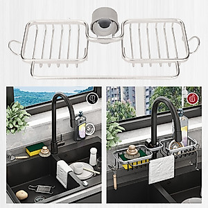 Jeanoko Faucet Storage Shelf Aluminum Plastic Two Containers with Towel Rod Kitchen Sink Faucet Shelf for Sponge Rag Kitchen Bathroom(Silver)