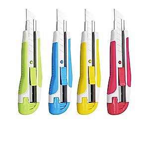 XW Snap-off Utility Knife,18mm Razor Blade Auto-lock Retractable Box Cutter of Assorted Colors, Total 12 Blades, 4-Pack