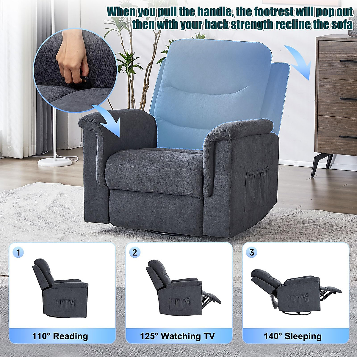 Swivel Rocker Recliner, Swivel Rocker Recliner Chairs for Adults, Manual Rocking Recliner Chair, 360 Degree Swivel Glider Recliner Chair, Overstuffed Manual Rocking Recliner for Living Room