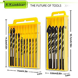 K Kwokker 15Pcs Masonry Drill Bit Set 5/8" to 1/8", Tungsten Carbide Tile Drill Bits, Ceramic Drill Bits for Pots, Brick, Cement, Glass, Stucco, Stone, Marble, Plastic, Wood, with Storage Case