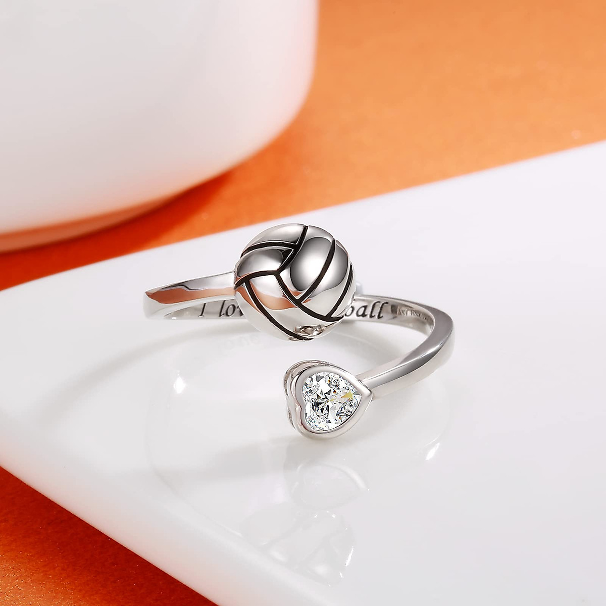 925 Sterling Silver Volleyball Ring Adjustable I Love Volleyball Jewelry Gift for Women Player (style 1)