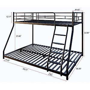 Majnesvon Heavy Duty Metal Bunk Bed Twin Over Full Size, Heavy Duty Floor Bunk Beds Frame with Enhanced Upper-Level Guardrail (Black)