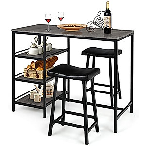 COSTWAY 3 Pieces Dining Table Set, Counter Height Pub Table Set with 2 Upholstered Bar Stools and 3 Shelves, Industrial Kitchen Table Set for Living Room, Restaurant