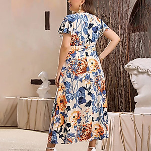 Casual Dresses for Women Plus Size Women's Plus Size Spring and Summer Round Neck Floral Print Decoration Ruffled Short