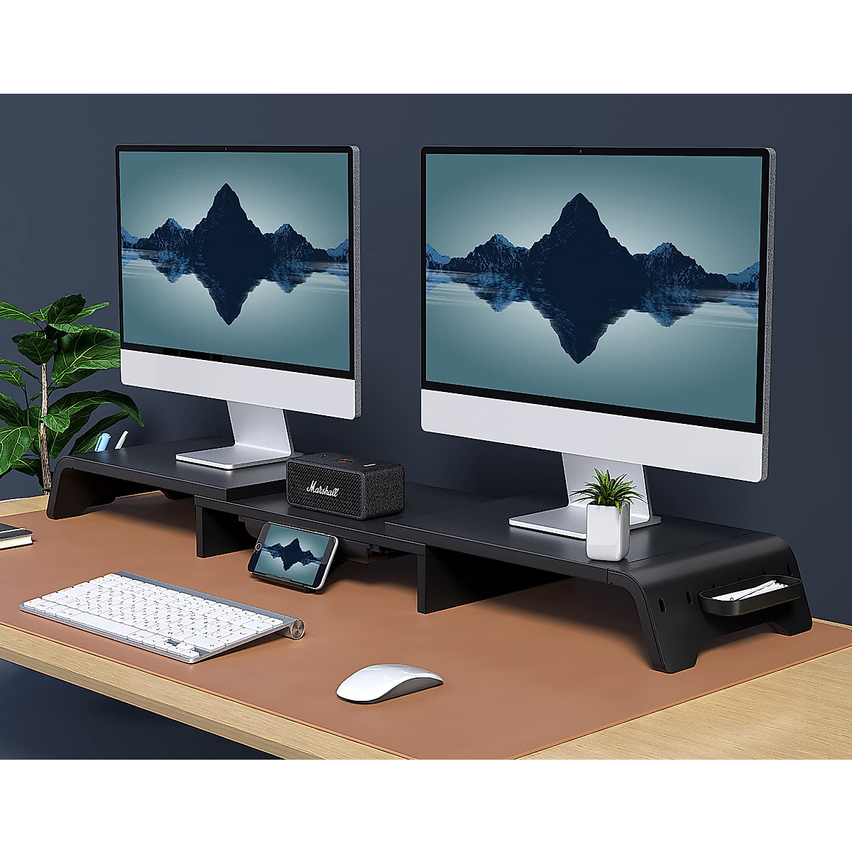 Fenge Dual Monitor Stand, Adjustable Length and Angle, Organizer with Removable Slot Drawer Tablet Phone Holder, Computer Monitor Riser for 2 Monitors, Black, G04C1122B