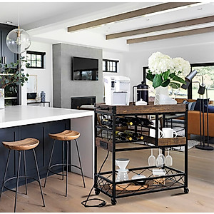 Ohsuaniy Bar Cart with Power Outlet, Industrial Kitchen Serving Cart with Wine Rack & Glass Holder, Coffee Bar Table Station with Storage, Rolling Cart on Wheels with 59IN Cord, Brown