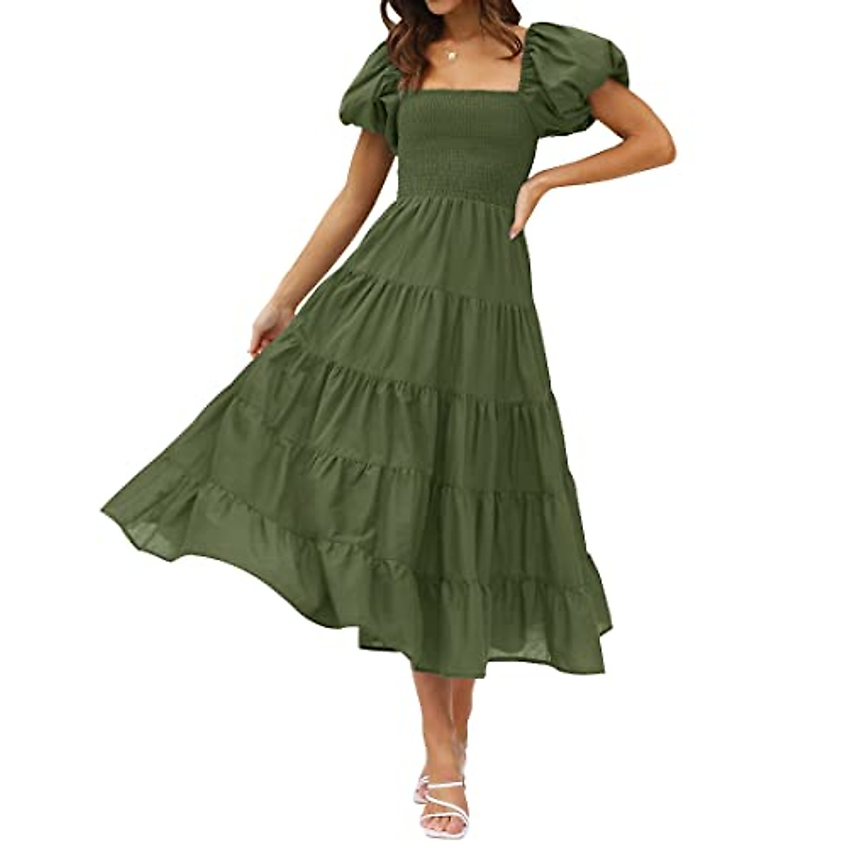ZESICA Women's 2023 Summer Square Neck Short Puff Sleeve Solid Color High Waist Casual Smocked Flowy A Line Tiered Midi Dress,ArmyGreen,Small