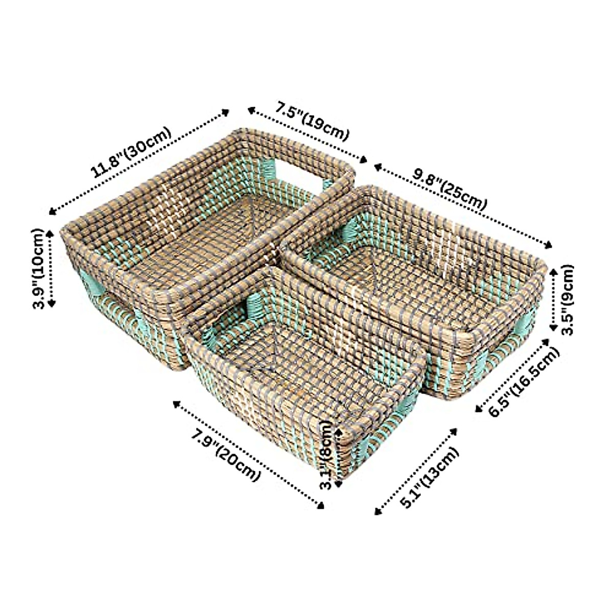 Wicker Storage Baskets, Set of 3, Handmade Natural Boho Home Decor, Seagrass Shelf Basket, Rectangular Woven Basket, Natural Basket for Organizing, Decorative Basket with Handles