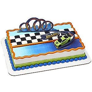 DecoSet® Hot Wheels Drift Birthday Cake Decorations, 2-Piece Topper with Race Car and 3D Racetrack Plaque, Create Action-Packed Racing Cakes for Birthdays and Parties