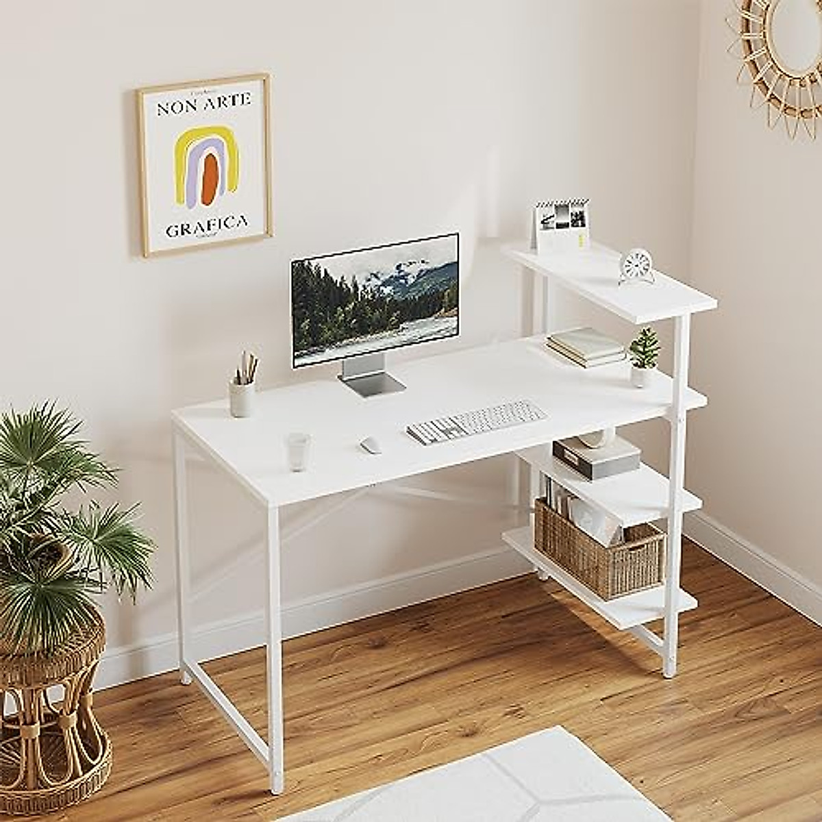 CubiCubi Small Computer Desk with Storage Shelves, 47 Inch Home Office Desk Study Writing Table for Small Space, White
