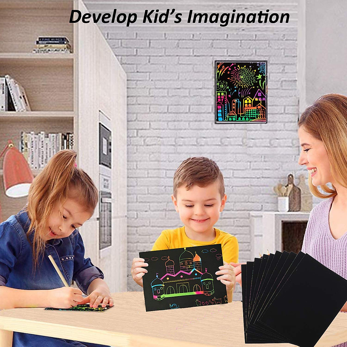 IRuiYinGo Scratch Art Paper for Kids - 64Pcs Rainbow Magic Scratch Off Sheet for DIY Art Craft Project, Birthday Christmas Easter Gifts Party Favors