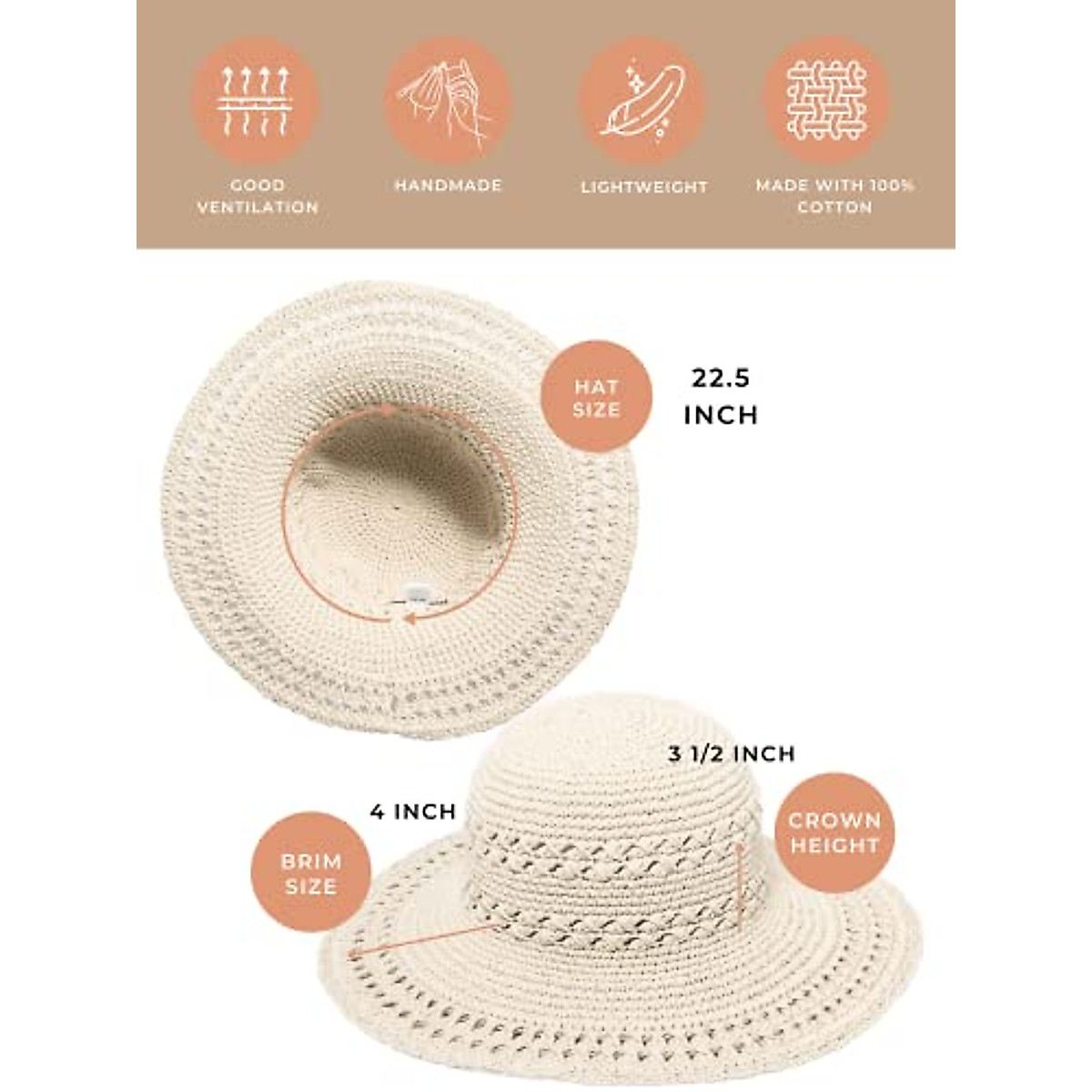 San Diego Hat Company Women's Cotton Crochet Hat with Scalloped Edge, UPF 50+, 4” Brim, Natural