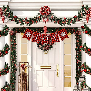 Plaid Christmas Joy Banner Cotton Burlap Christmas Rustic Bunting Banner for Christmas Hanging Decorations (Red)