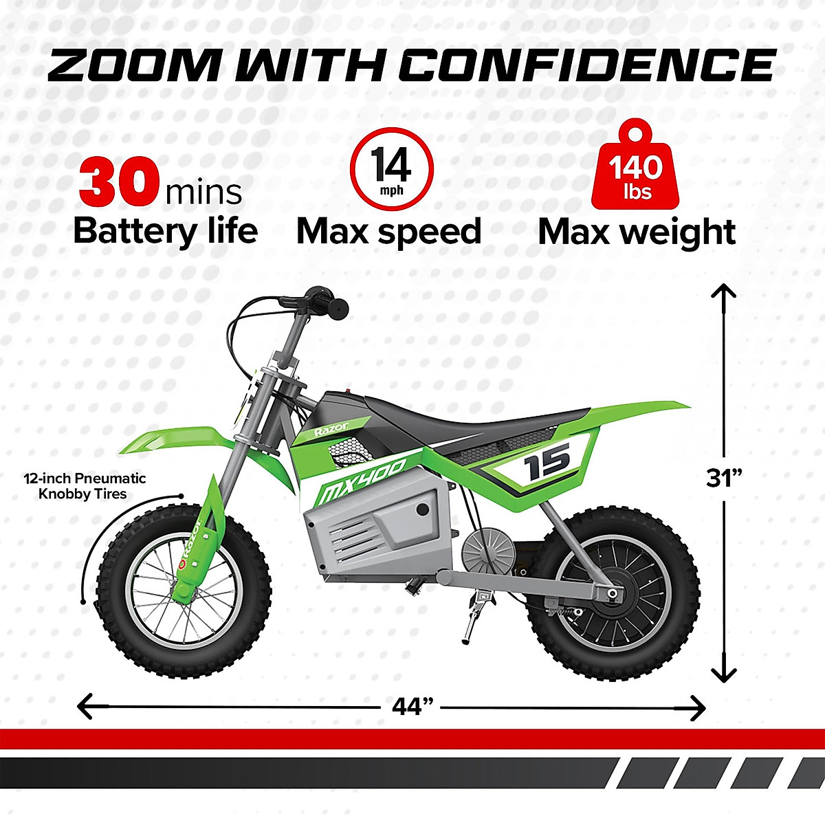 Razor MX400 Dirt Rocket 24V Ride On High-Torque Electric Motocross Motorcycle Toy Dirt Bikes, Speeds up to 14 MPH, for Ages 13+, 1 White & 1 Green