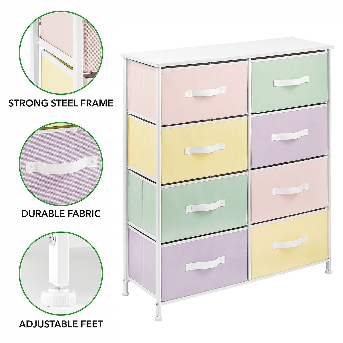 mDesign 38.31" High Steel Frame/Wood Top Storage Dresser Furniture Unit with 8 Removable Fabric Drawers - Large Bureau Organizer for Bedroom, Living Room, or Closet - Jane Collection, Bright/Multi