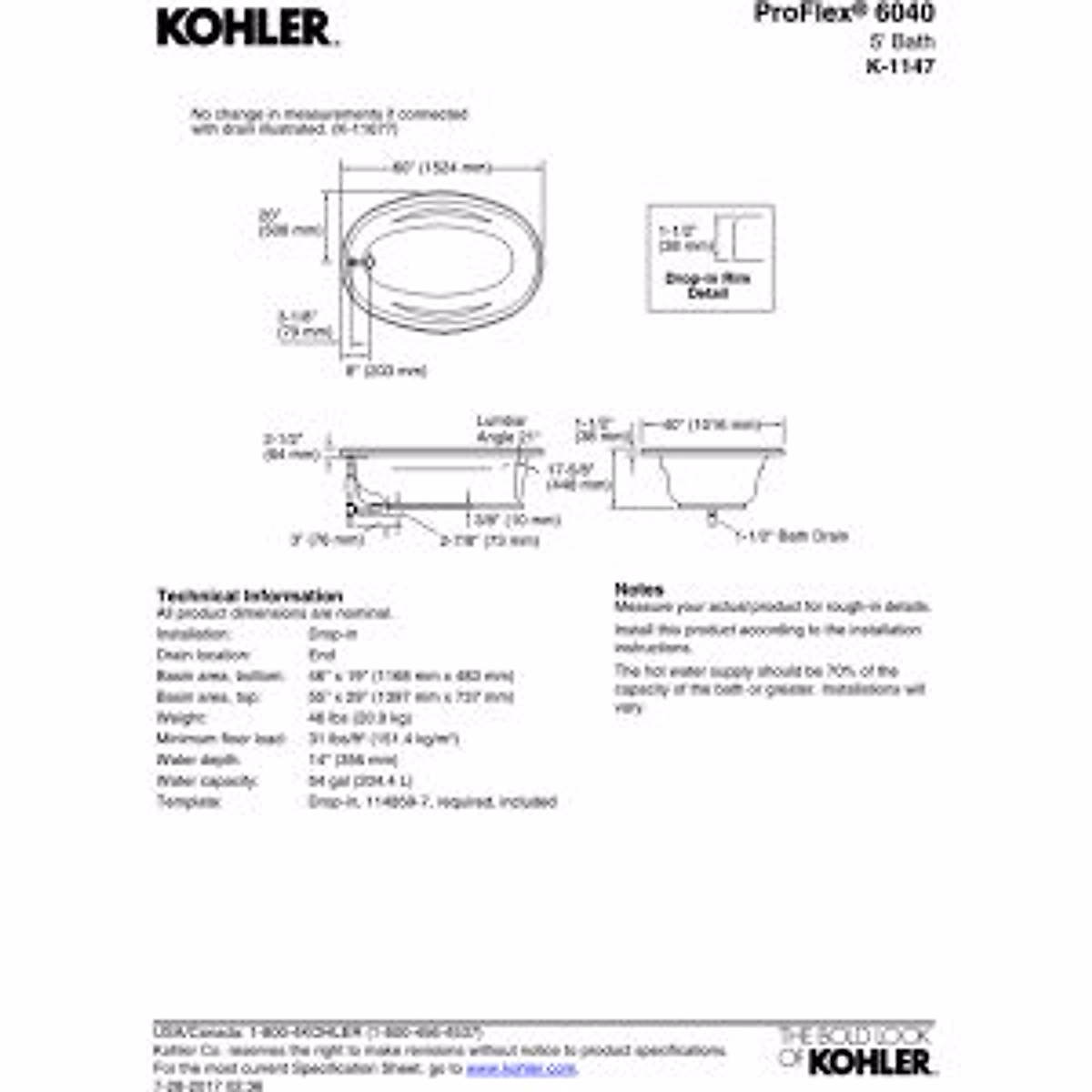 Kohler K-1147-0 5 ft. Drop-In Oval ExoCrylic Bathtub w/Reversible Drain White