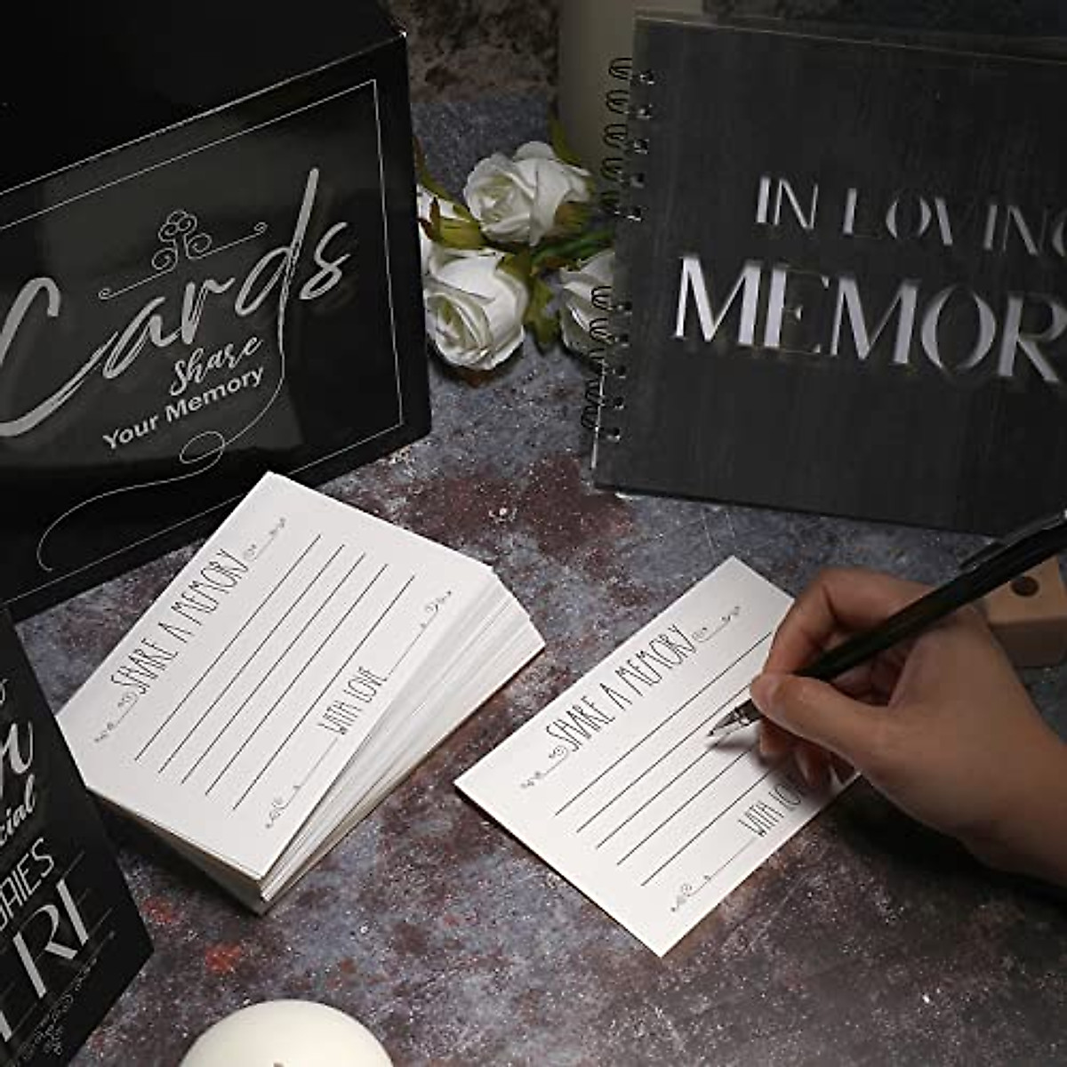 66 Pcs Funeral Guest Book Set Including Funeral Memorial Card Box Share a Memory Card Guest Book Pen Wooden Pen Holder Memory Table Signs Funeral Decorations Memory Signs for Funerals Farewell Party