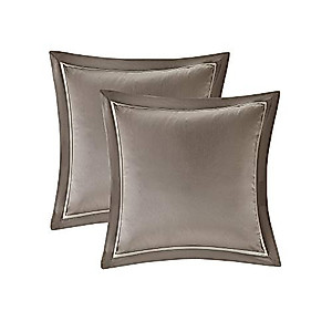 Madison Park Essentials Room in a Bag Faux Silk Comforter Set - Luxe Diamond Tufting All Season Bedding, Matching Curtains, Decorative Pillows, Taupe Queen(90"x90") 24 Piece