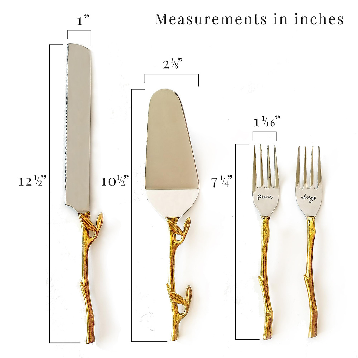Heartfelt Homie Wedding Cake Knife and Server Set - 4 PC Cake Cutting Set with Gold Twig Leaf Handles - Pie server, Cake knife, Engraved forks for Wedding Cake Cutting - Engagement, Bridal Gifts