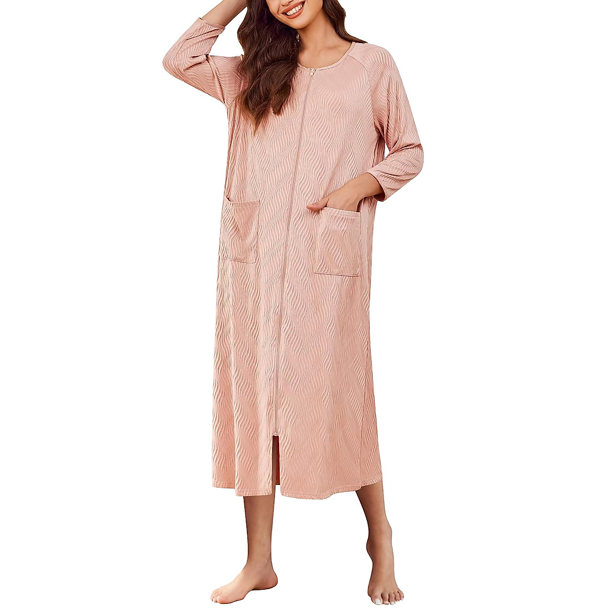 Ekouaer Zipper Robes for Women Ribbed Knit Bathrobe Lightweight Full Length Loungewear with Pockets Misty Pink,L
