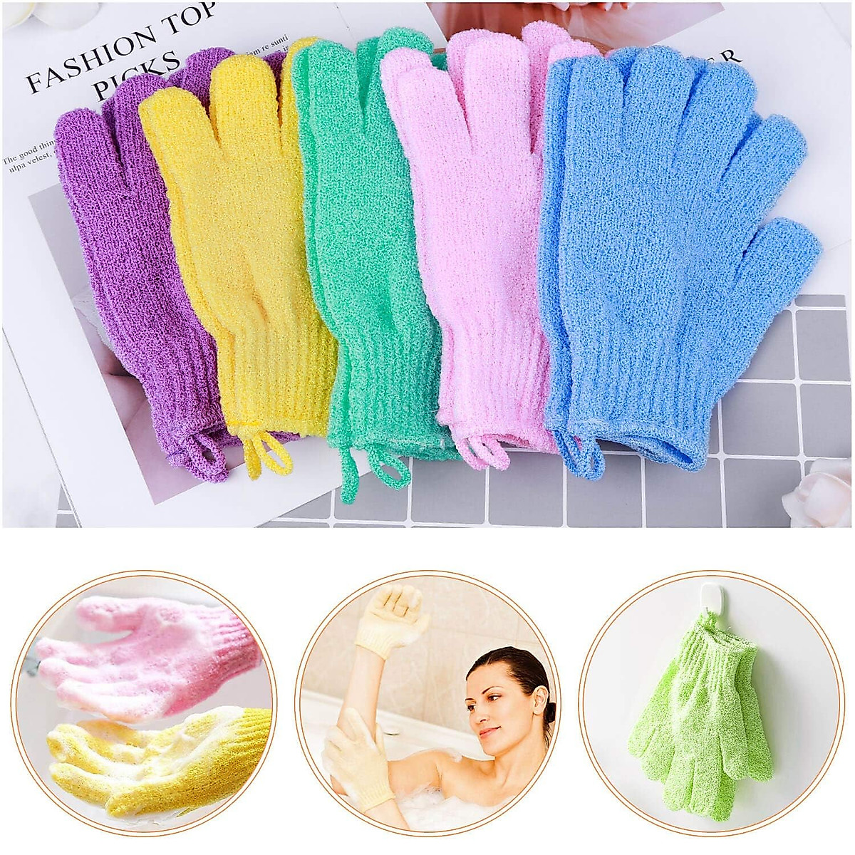 anezus Exfoliating Gloves, 6 Pairs Shower Scrub Gloves Bath Loofah Glove Exfoliating for Women to Remove Dead Skin for Body Exfoliate (6 Colors)
