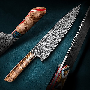 FZIZUO Professional Japanese Style Chef Knife,Full Tang 8.3 Inch Handmade VG10 Damascus Steel Blade Burl Wood Handle Gyuto Kitchen Knives with Sheath for Cooking