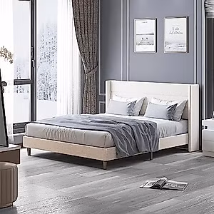 CECER King Size Platform Bed Frame with Upholstered Headboard, Bed Frame with Strong Wooden Slats, Strong Weight Capacity, No Box Spring Needed, Easy Assembly, Beige