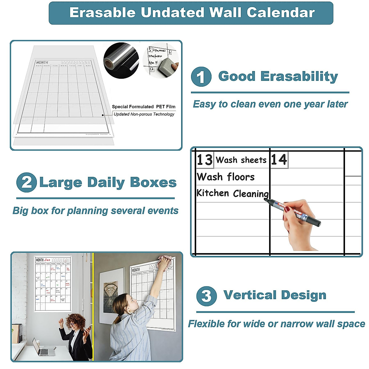 Large Dry Erase Calendar For Wall Monthly,24x36 Inch Big Vertical Blank White Board Calendar Fit to Narrow Wall,Giant Laminated Erasable 30 Day Schedule Planner Poster for Family,Office,Classroom