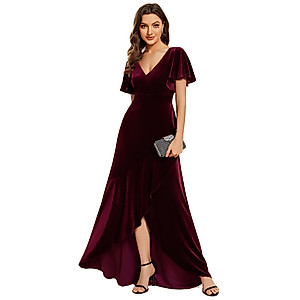 Ever-Pretty Women's Velvet Dress Wrap V Neck High Waist Ruffle Sleeve Church Wedding Guest Party Dresses Burgundy US14