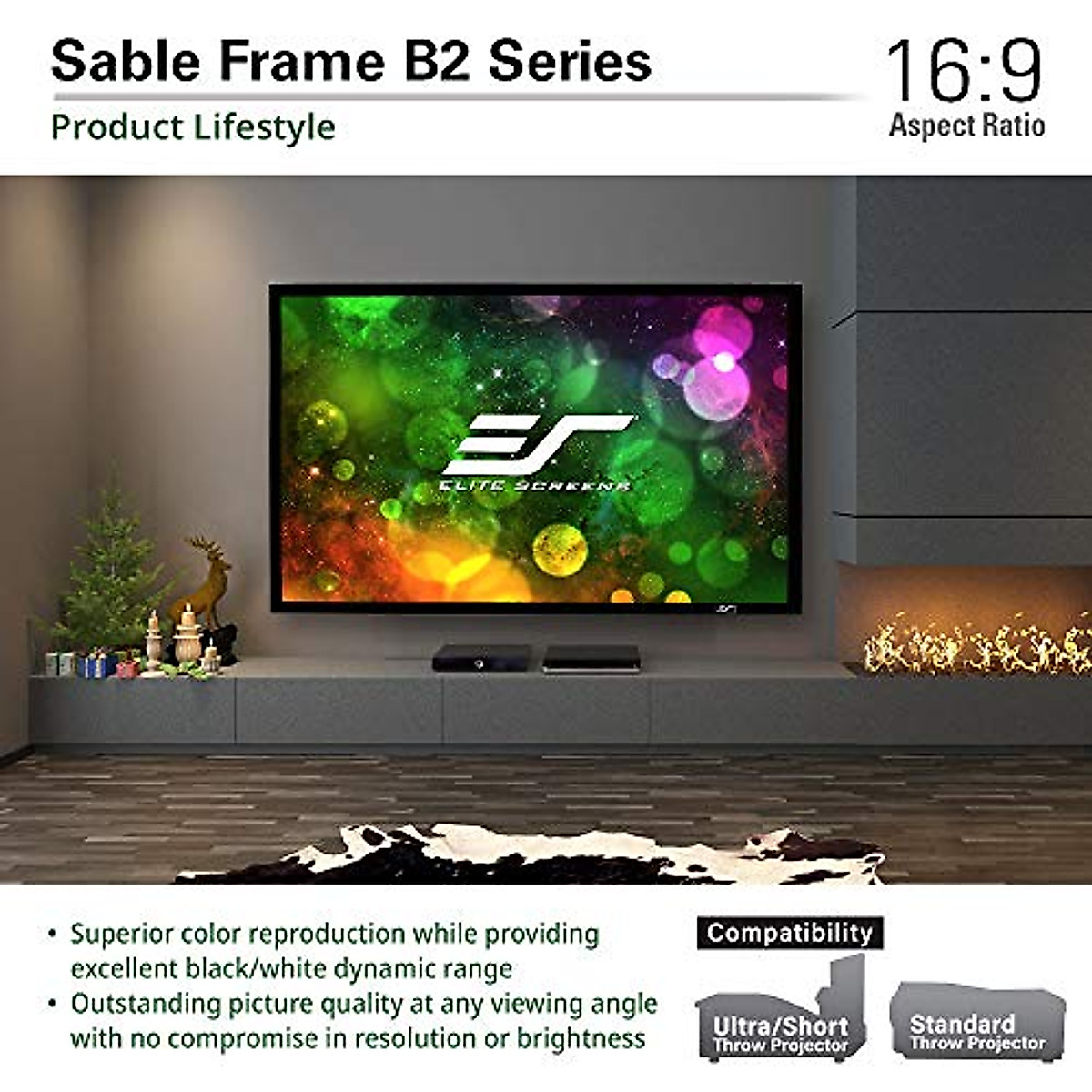 Elite Screens Sable Frame B2 120-INCH Projector Screen Diagonal 16:9 Diag Active 3D 4K 8K Ultra HD Ready Fixed Frame Home Movie Theater Black Projection Screen with Kit, SB120WH2, CineWhite UHD-B