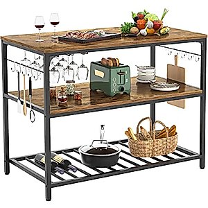 Homieasy Kitchen Island with Wine Glass Holder, Industrial Wood and Metal Coffee Bar Rack, 3 Tier Spacious Prep Table Extended Counter with Hooks Easy to Assemble, Rustic Brown