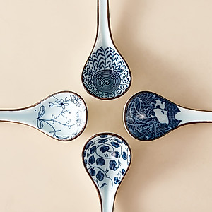 Hoilse Asian Soup Spoon Set of 4,Ceramic Chinese/Japanese Ramen Spoons, Long Handle Perfect Depth for Dumpling, Pho, Noodles, Miso, Wonton, Dishwasher Safe(Retro)