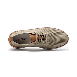 VILOCY Men's Casual Dress Sneakers Oxfords Business Shoes Lace Up Lightweight Comfortable Breathable Walking Knit Mesh Fashion Sneakers Tennis Khaki,EU44