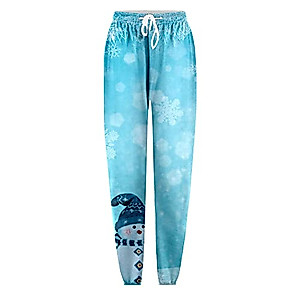 High Waisted Sweatpants for Women,High Waisted Sweatpants for Women Christmas Snowman Print Elastic Waisted Workout Active Joggers Drawstring Wide Leg Trouser Elk Print Sky Blue XL