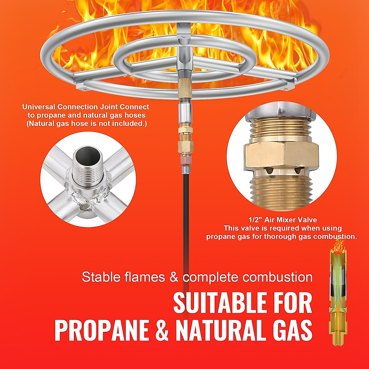 VEVOR 18 inch Round Drop-in Fire Pit Pan, Stainless Steel Fire Pit Burner Kit, Propane Gas Fire Pan with 150,000 BTU for Indoor or Outdoor Use