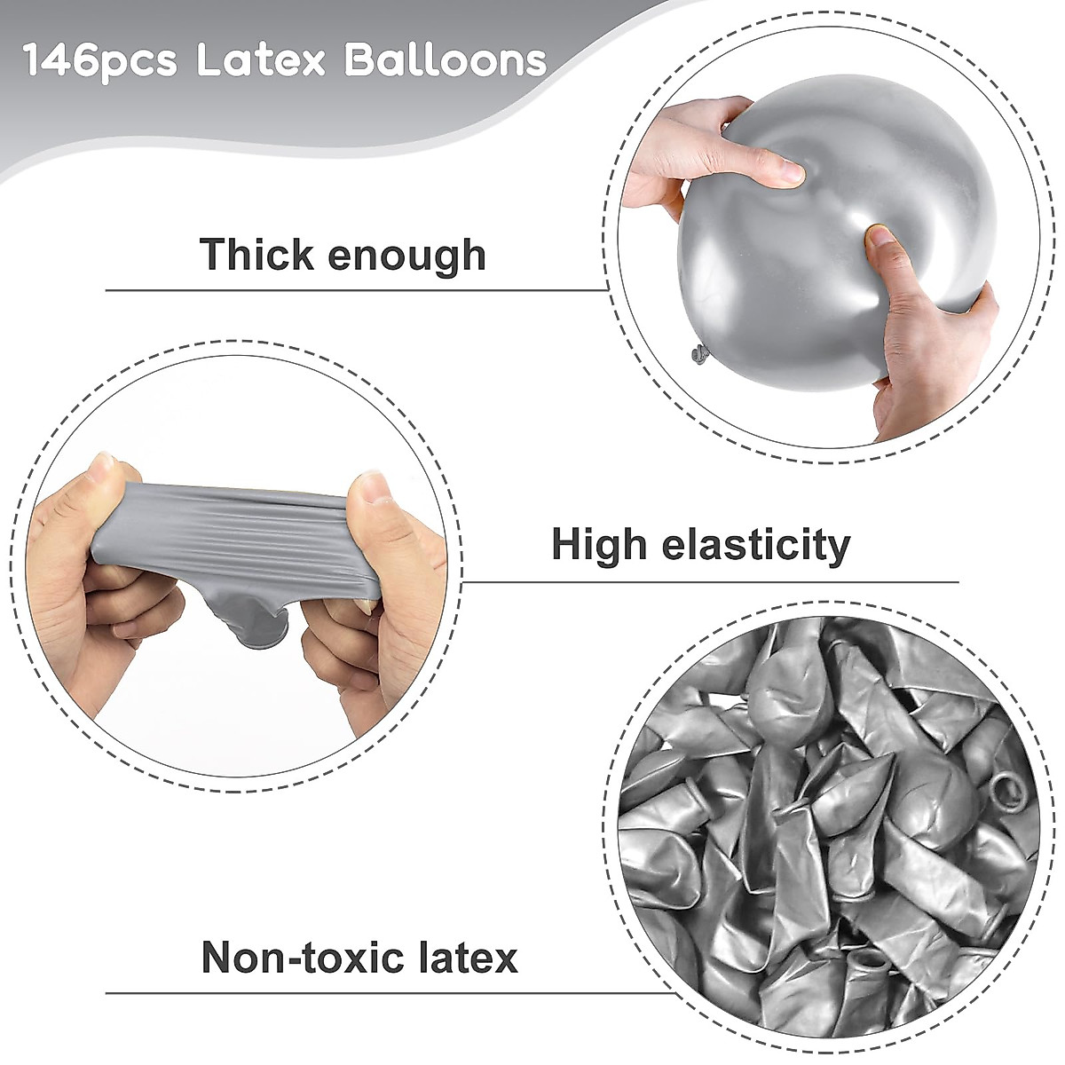 RUBFAC Silver Balloons, 146pcs Different Sizes Pack of 36 18 12 10 5 Inch for Balloon Garland or Balloon Arch as Graduation Wedding Birthday Baby Shower Anniversary Party Decorations