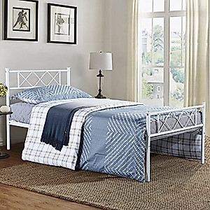 SimLife Metal Platform Bed Frame with Two Headboards Mattress Foundation/Slat Support/No Box Spring Needed, White Twin