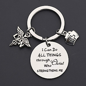 LQRI LPN Gift LPN Licensed Practical Nurse Gift I Can Do All Things Through Christ Who Strengthens Me Keychain Medical Caduceus Gift for LPN (Sliver)