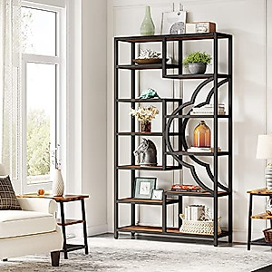 Tribesigns 75 Inch Tall Bookshelf, 11-Shelves Staggered Bookcase with Unique Arc-Shaped Design, Industrial Etagere Shelving Unit Storage Display Shelves for Living Room, Bedroom, Home Office, Brown