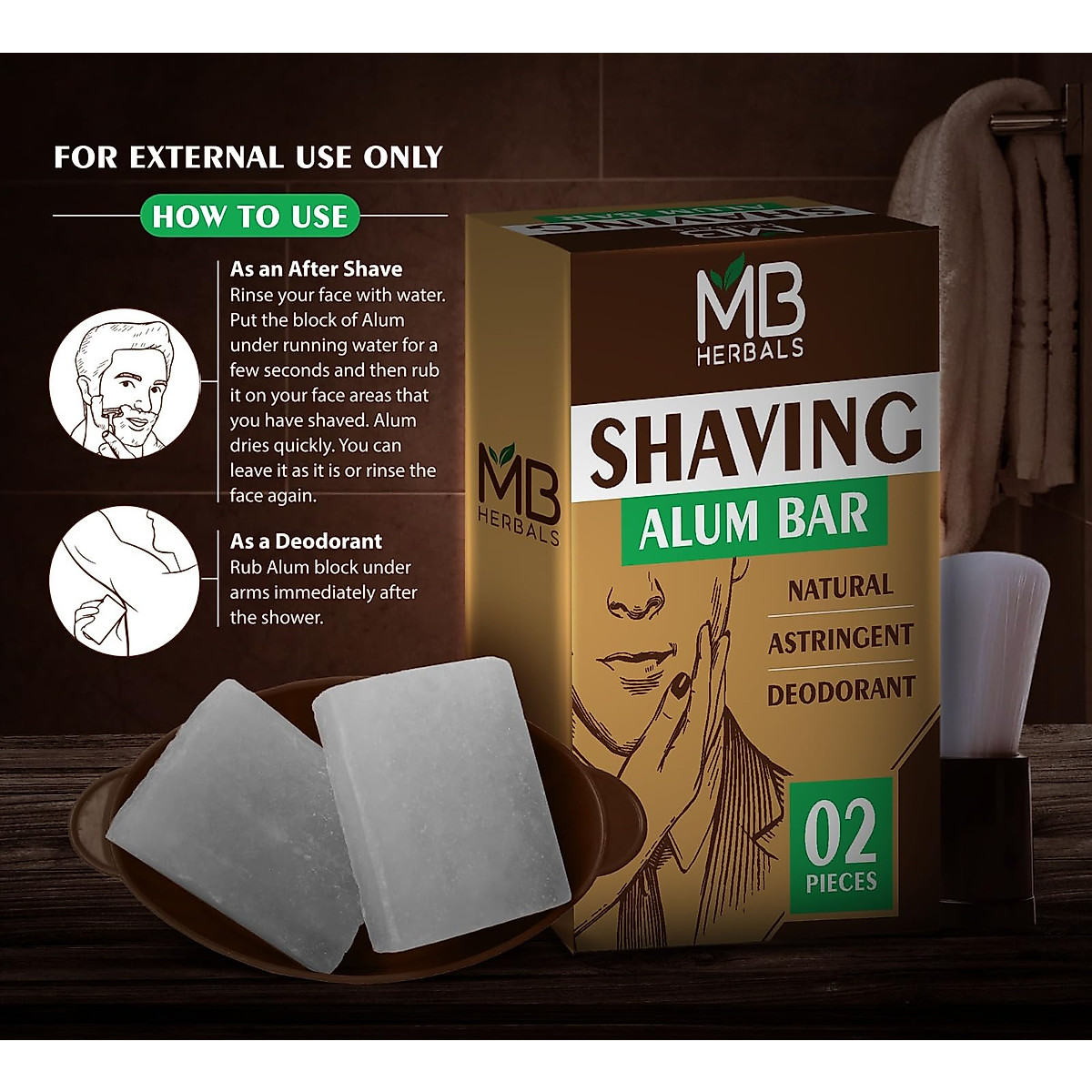 MB Herbals Shaving Alum Block 3.5 oz x 2 Pcs | Pack of 2 Alum Blocks 100G Each | Potassium Shaving Alum Block Bar 3.5 oz x 2 | No Fragrance | Stops Bleeding Minor Nicks Cuts After Shave