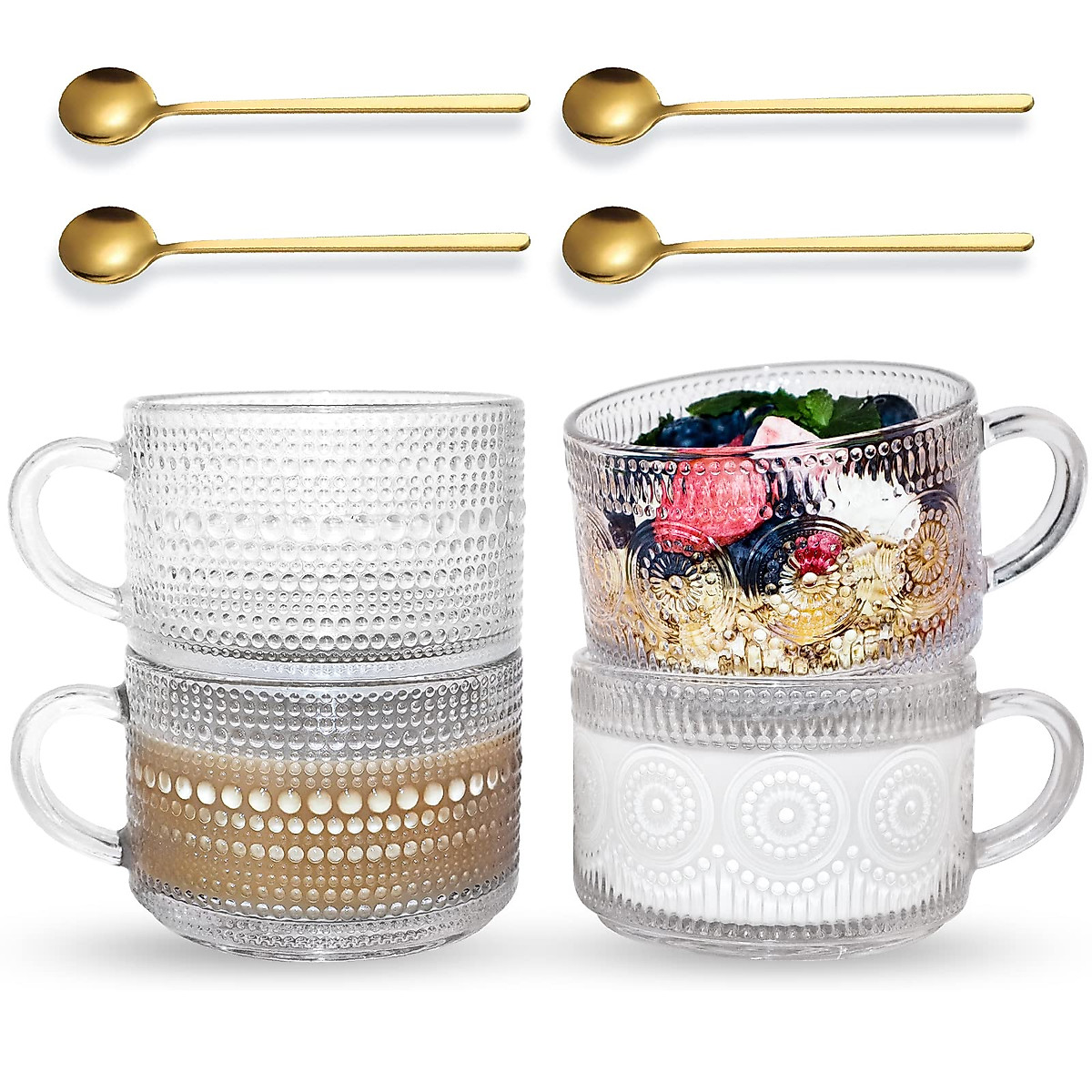Anbanglin 4Set Vintage Coffee Mugs, Glass Cups with Spoons, 14OZ Elegant Embossed Tea Cups, Glass Coffee Cups for Ice Coffee, Cereal, Yogurt, Ideal Gift