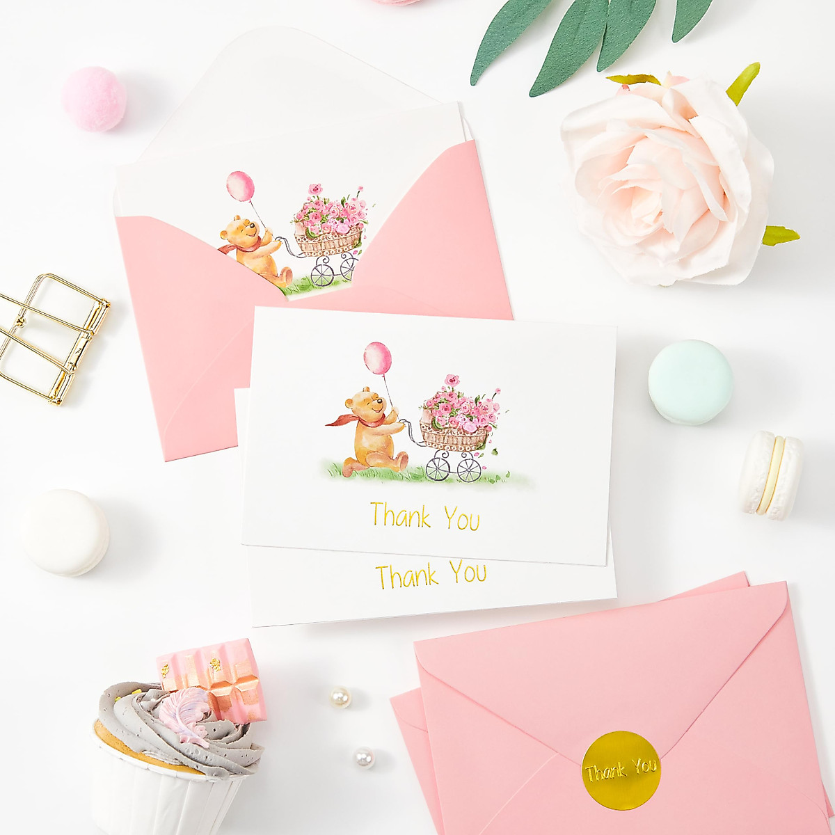 Crisky Baby Shower Girl Thank You Cards with Envelopes 50 Pack Pink Baby Shower Greeting Notes Bulk (Cute Bear with Baby Carriage)