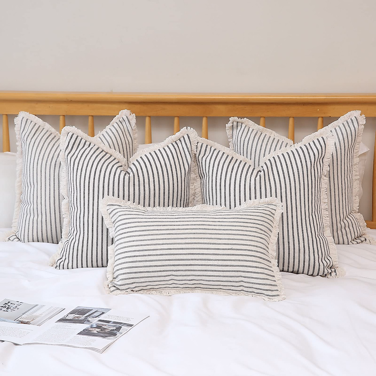 Hckot Throw Pillow Covers 18x18 Set of 2 Striped Pillow Covers with Fringe Chic Cotton Decorative Pillows Square Cushion Covers for Sofa Couch Bed Living Room Farmhouse Decor,Grey