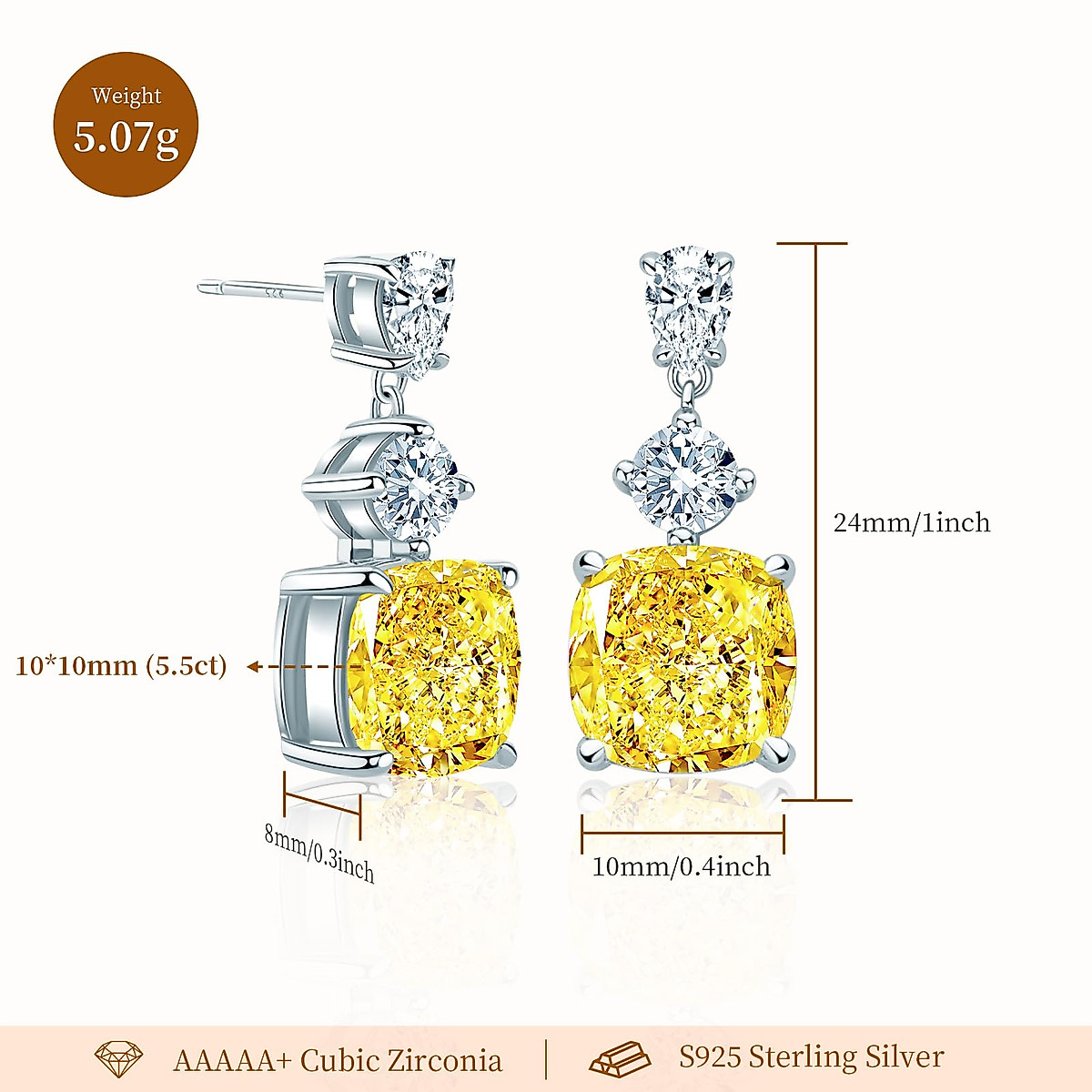 Sterling Silver Dangle Earrings for Women Hypoallergenic Earring Jewelry Yellow Cubic Zirconia Diamond Anniversary Birthday Valentine's Day Gifts for Her Wife Girlfriend Mom