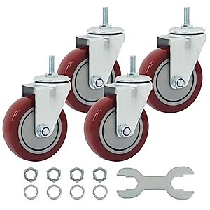 Finnhomy Swivel Caster Wheels 4 Inch Threaded Stem Casters Set of 4 Heavy Duty 3/8"-16 x 1" Anti-wear Polyurethane Industrial Castor Wheels for Cart/Furniture Load Bearing 2200 Lbs Smooth Casters Red
