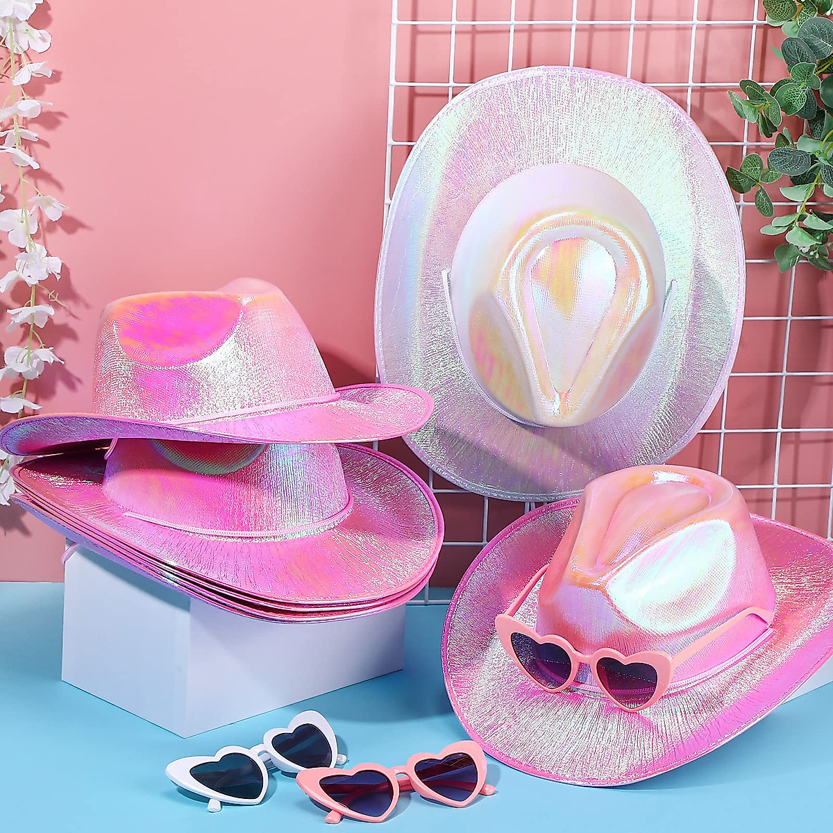 Leumoi 14 Pcs Holographic Bridal Cowgirl Party Set Heart Glasses Bride Cowboy Hats for Bachelorette Party Wedding (White, Pink)